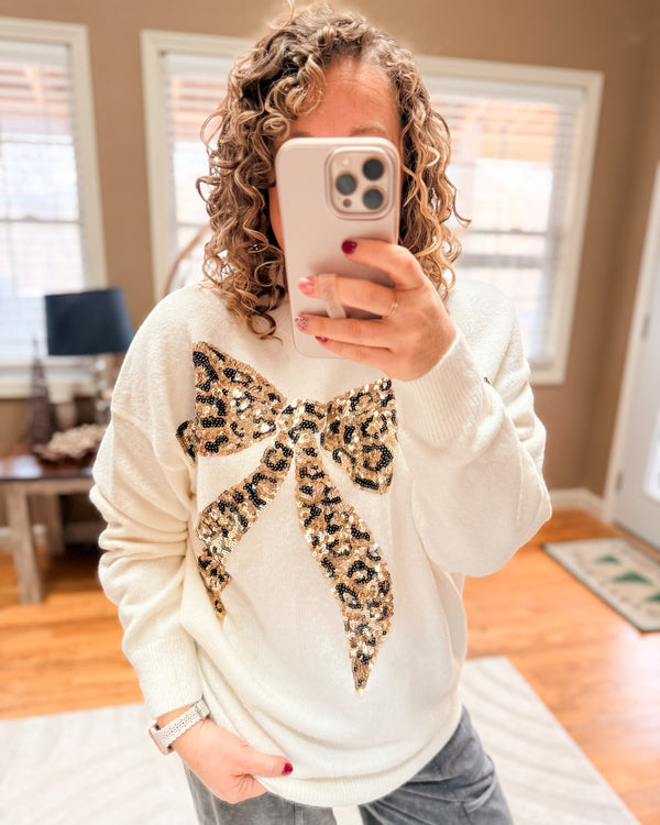 Leopard Print Sequin Bow Sweater – The Southern Loft